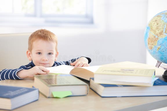 Little Child Prodigy Learning at Home Smiling Stock Image - Image of enjoymant, globe: 22049639