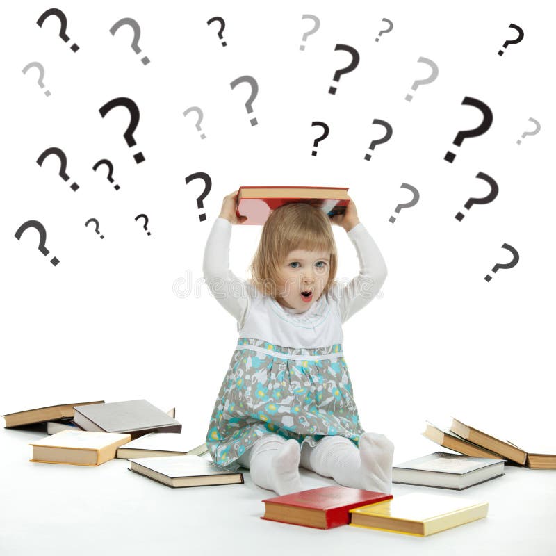 Little Child Surrounded By Books And Question Marks Stock Photos ...