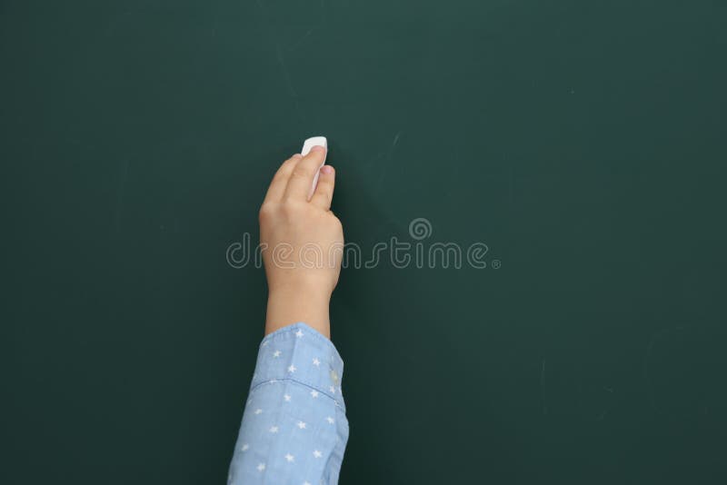 Little Child Writing on Chalkboard, Closeup. Stock Image - Image of ...