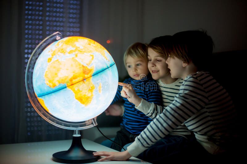 Little Children, Brothers, Looking at Illuminated Globe, Exploring ...