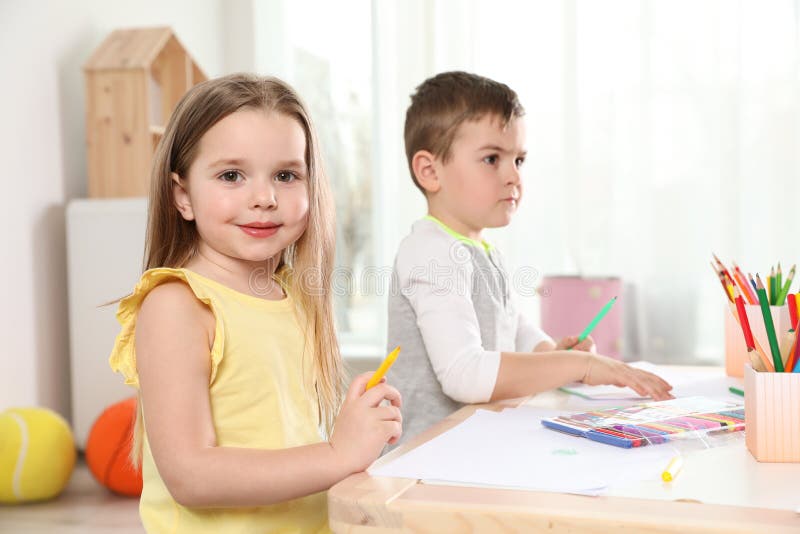 Little Children Drawing at Table. Learning and Playing Stock Image ...