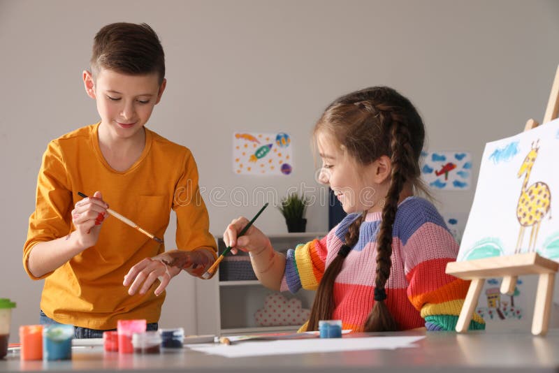 Little Children Having Fun with Paints at Table Stock Photo - Image of ...