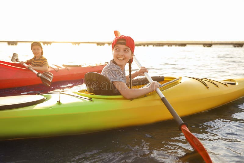 Little Children Kayaking on River. Summer Camp Activity Stock Photo ...