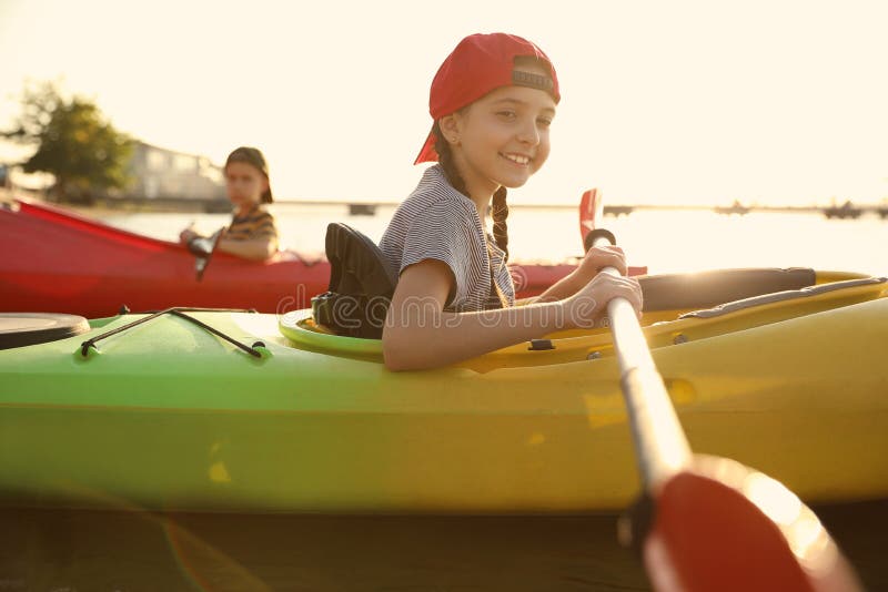 Little Children Kayaking on River. Summer Camp Activity Stock Photo ...