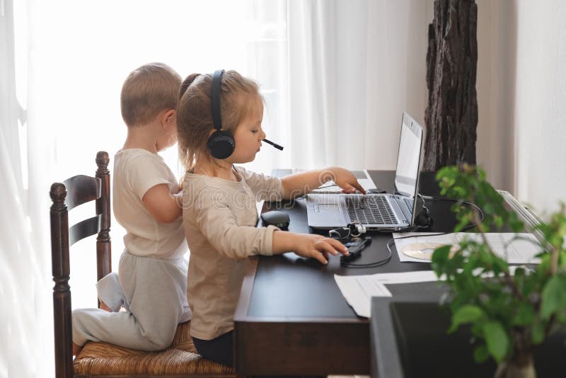 Little Children Play with Computer of Parents Stock Image - Image of ...
