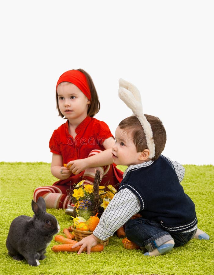 Little Children Playing with Easter Bunny Stock Photo - Image of ...