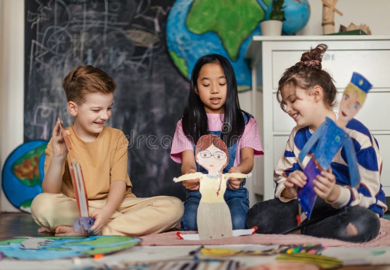 Little Children Playing with a Handmade Puppets. Stock Image - Image of ...