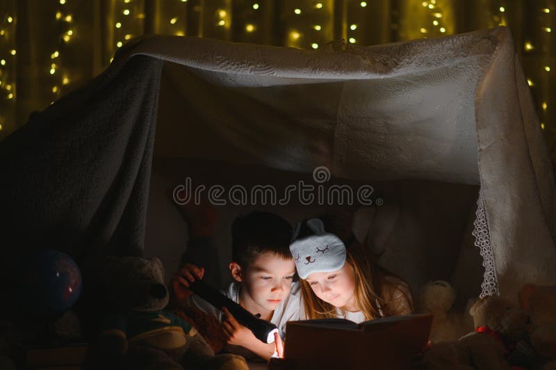 Little Children Reading Bedtime Story at Home Stock Image - Image of ...