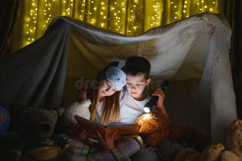 Little Children Reading Bedtime Story at Home Stock Photo - Image of ...