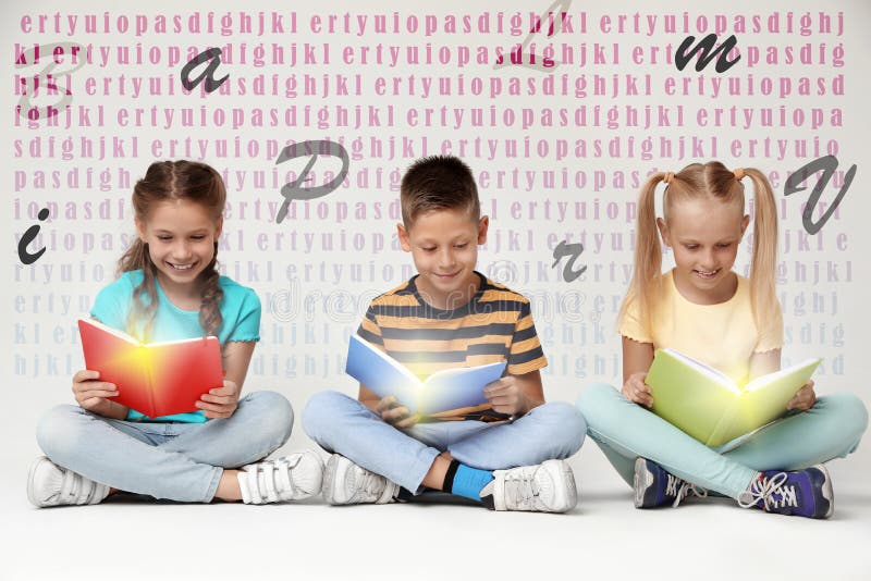 Little Children Reading Books on Background Stock Image - Image of ...