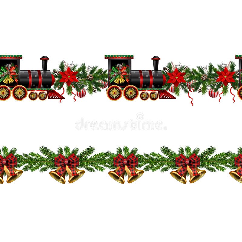 Little Christmas Train Seamless Pattern Decorated Red Ribbon Vector ...