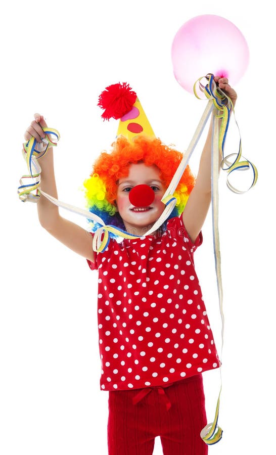 Little Boy in Clown Costume Holds Slingshot and Looks at Camera Stock ...