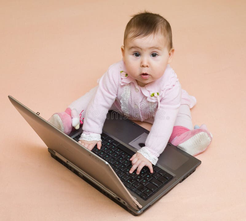 Little Computer Genius Baby Girl with Laptop Stock Photo - Image of ...