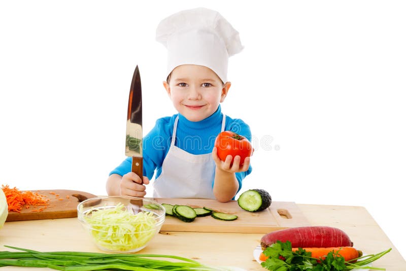 Little Cook with Knife and Tomatoes Stock Image - Image of happy, desk ...