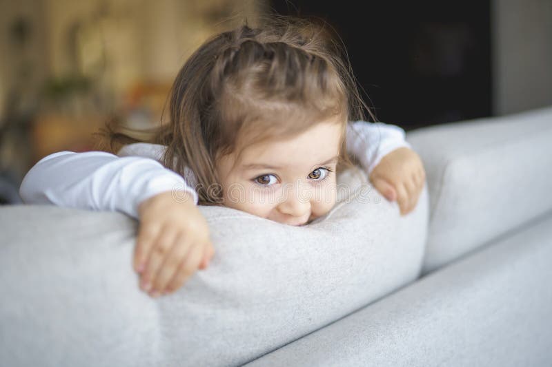 Little Crazy Girl on Living Room Look Like Hyperactive Stock Photo ...