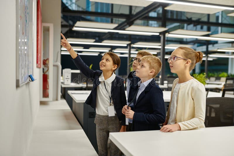 Little Creative Manager Pointing on Project Board Stock Photo - Image ...