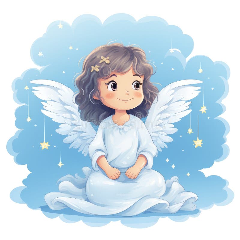 Little Cute Angel with Wings Sitting on a Cloud Stock Illustration ...
