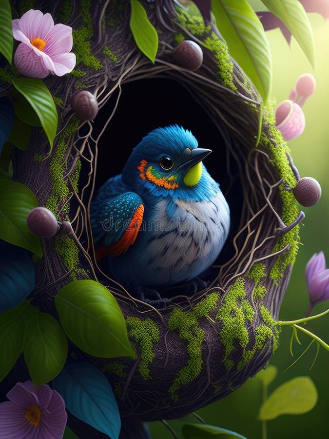 A Little Cute Bird on a Bird Nest Stock Illustration - Illustration of ...