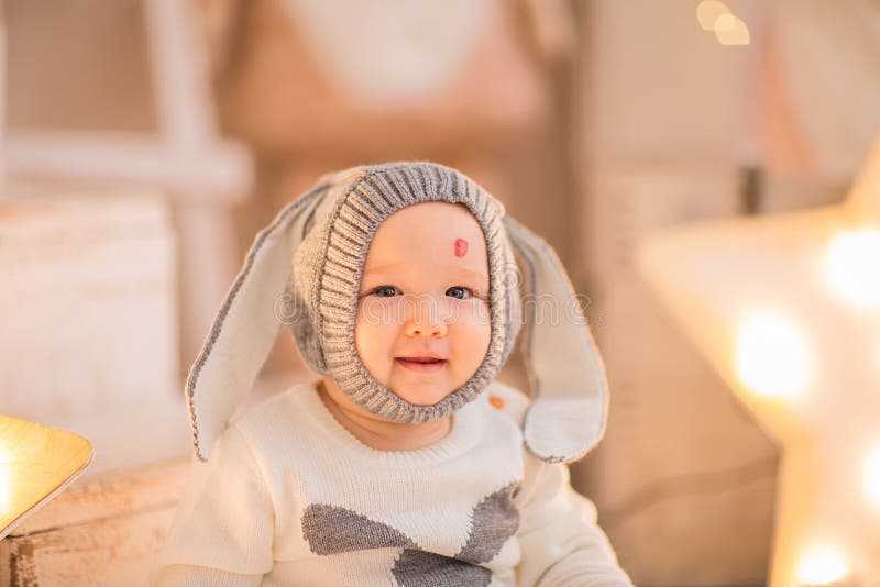 Little Boy with Birthmark in Christmas Rabbit Costume Posing at White ...