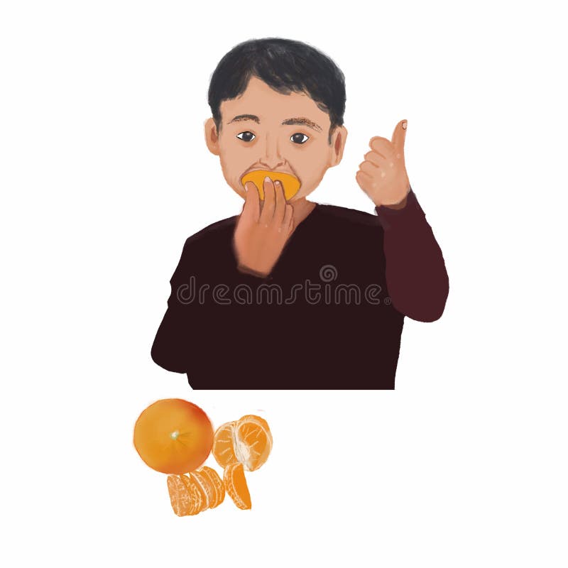 Little Cute Boy Eating Oranges with Funny Face. Stock Illustration ...