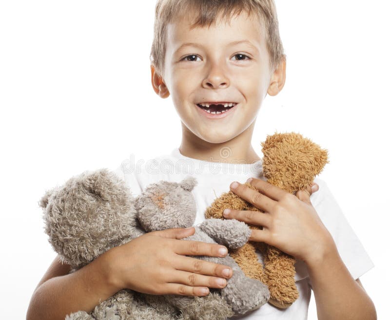 Little Cute Boy with Many Teddy Bears Hugging Stock Image - Image of ...