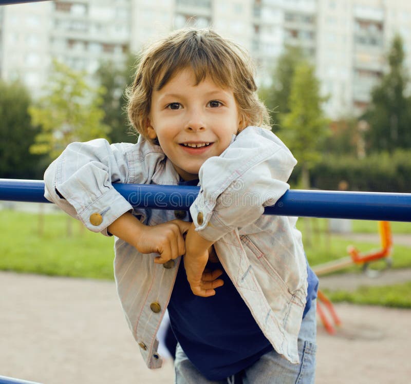 Little Boy Climbing on Jungle Gym without Rope and Helmet Stock Image ...