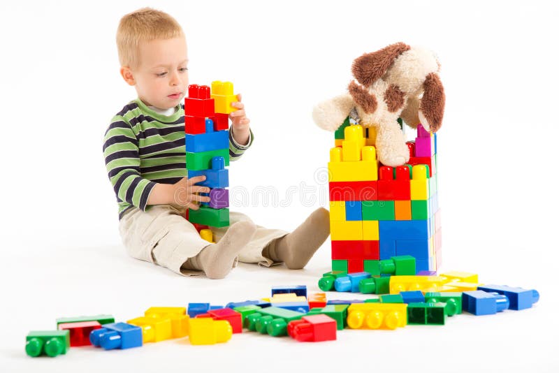 Little Cute Boy Playing with Building Blocks. Isolated on White. Stock ...