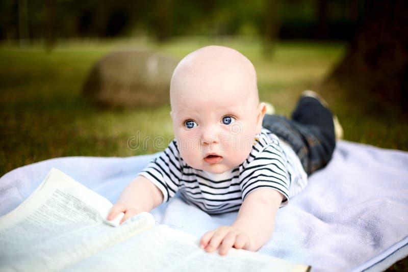 Little Cute Boy Reads a Book in Summer Park Stock Photo - Image of ...