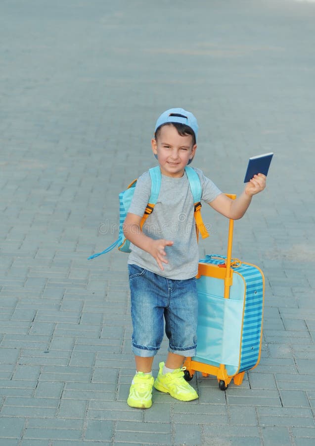 Cute Boy with Suitcase on the Road. Stock Photo - Image of caucasian ...