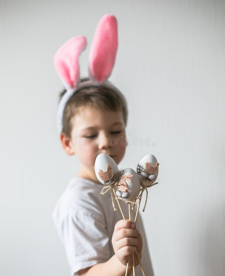 Little Cute Boy Wearing Easter Bunny Ears, Smile with Easter Eggs Stock ...