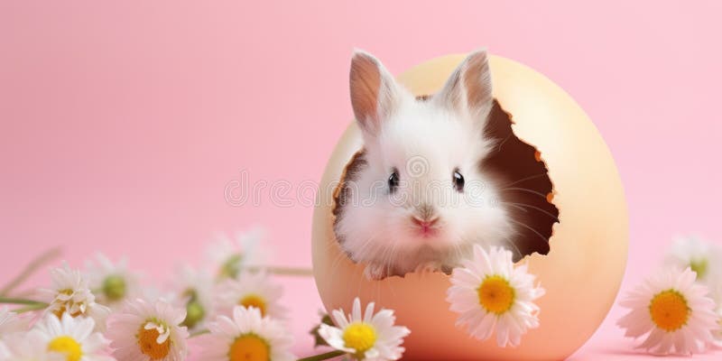 Little Cute Bunny in an Easter Egg among Daisies on a Pink Background ...