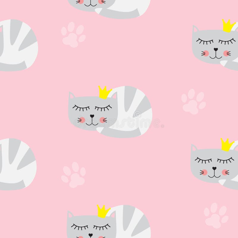 Little Cute Cat Princess Seamless Pattern Background Vector ...