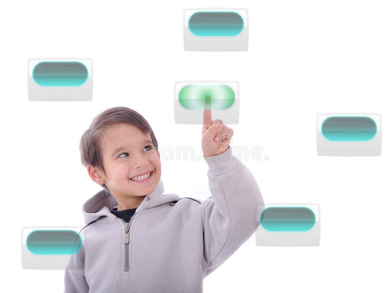 Child Pressing a Button with the Question Mark Icon on a Virtual Screen ...