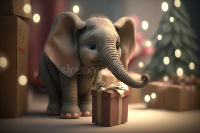 Little Cute Elephant Holding a Christmas Present with Joyful Expression ...