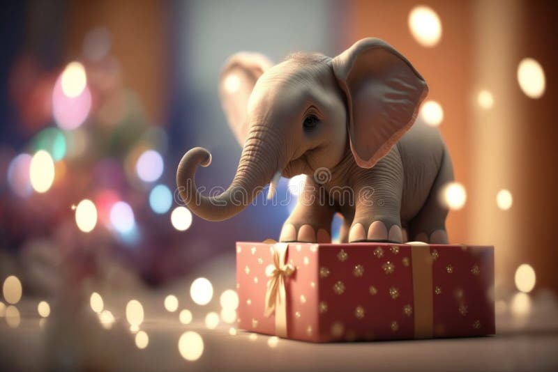 Little Cute Elephant Holding a Christmas Present with Joyful Expression ...