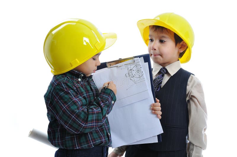 Little Cute Engineers Isolated Stock Photo - Image of caucasian, paper ...