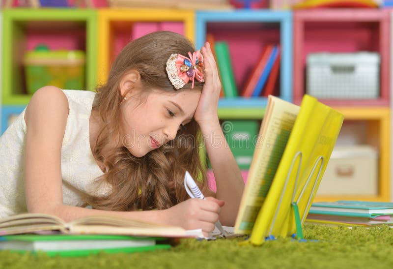 Little Cute Girl Doing Homework Stock Image - Image of european ...