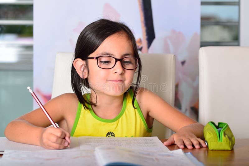 Little Cute Girl Doing Homework Stock Photo - Image of lesson, writing ...