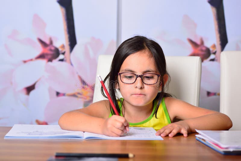 Little Cute Girl Doing Homework Stock Photo - Image of preparing, case ...