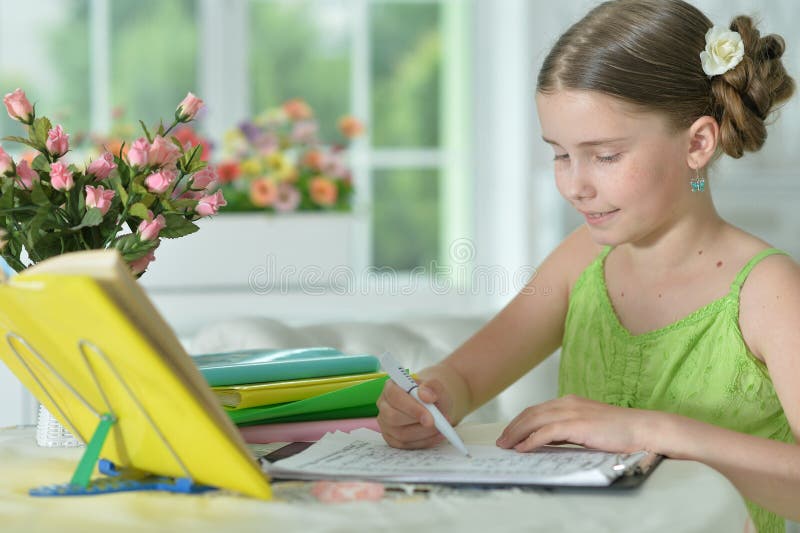Little Cute Girl Doing Homework at Home Stock Image - Image of child ...