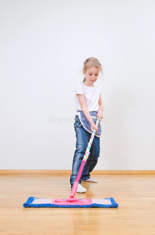Little Cute Girl Mopping Floor. Stock Photo - Image of childhood ...