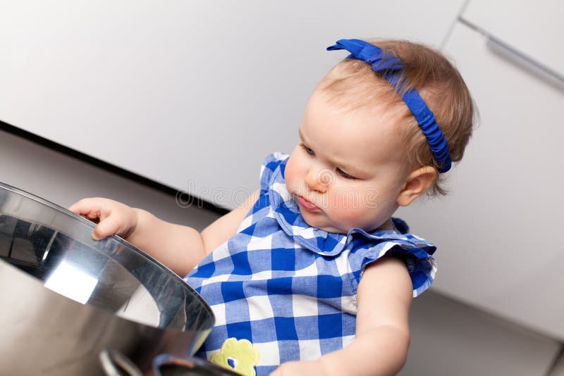 Little Cute Girl Playing in Kitchen Stock Image - Image of happy ...