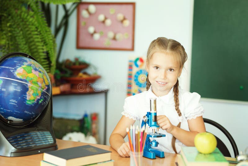 Little Cute Girl Study with Microscope in Classroom Stock Image - Image ...