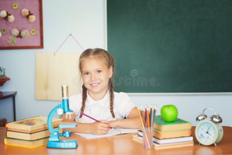Little Cute Girl Study with Microscope in Classroom Stock Image - Image ...