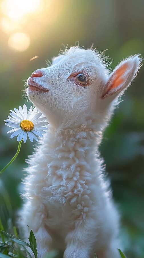 Little Cute Goat Smelling Daisy in the Meadow Stock Illustration ...