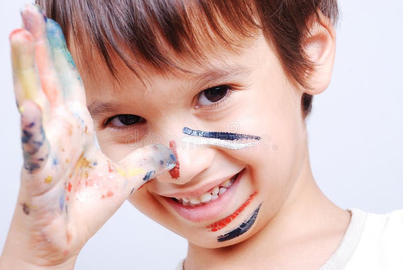 Little Cute Kid with Colors on His Face Stock Image - Image of fingers ...