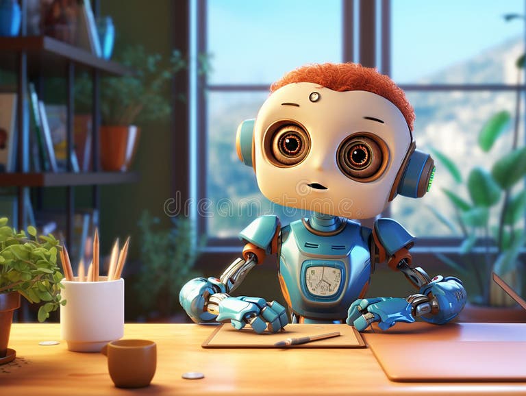 Little Cute Robot Does School Homework Sitting in Front of Table Stock ...