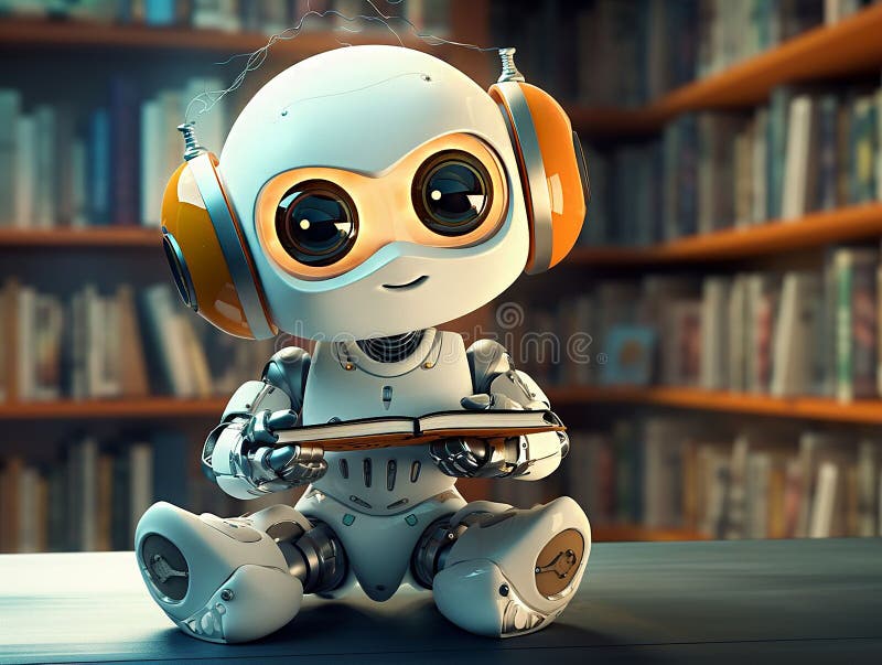 Little Cute Robot Reads Book Sitting in Room with Bookcase Stock ...
