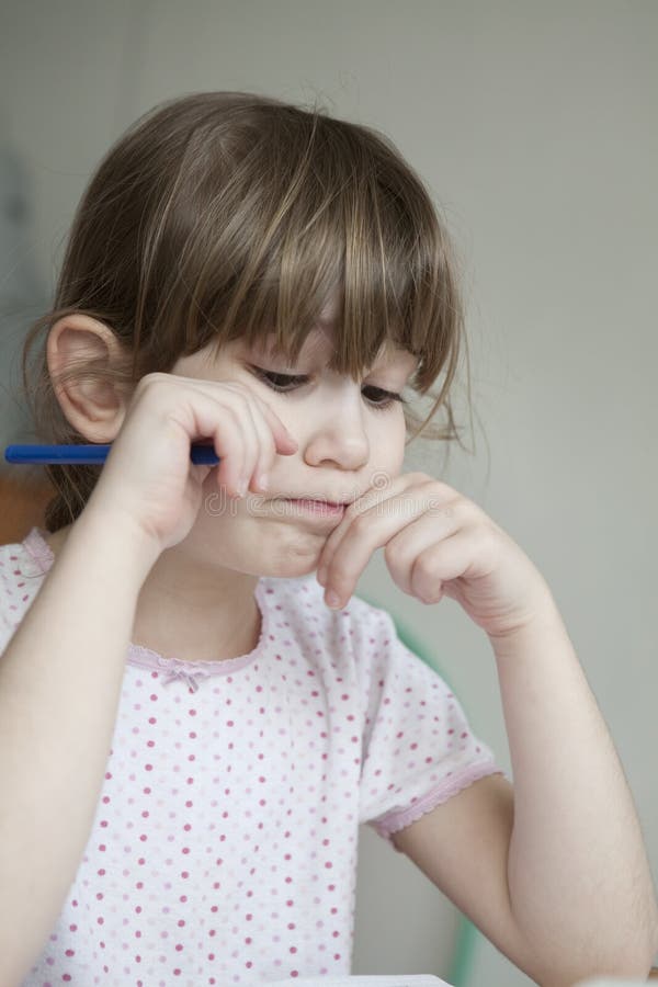 Little Cute Serious Girl Doing Homework Stock Image - Image of girl ...