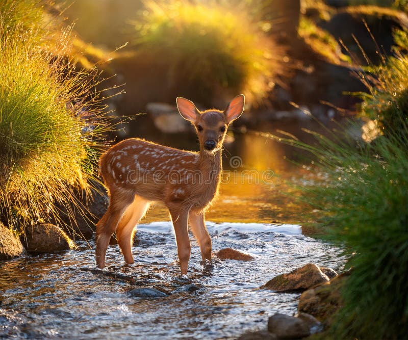 Little Deer Crosses a Stream in the Woods at Dawn. Stock Illustration ...